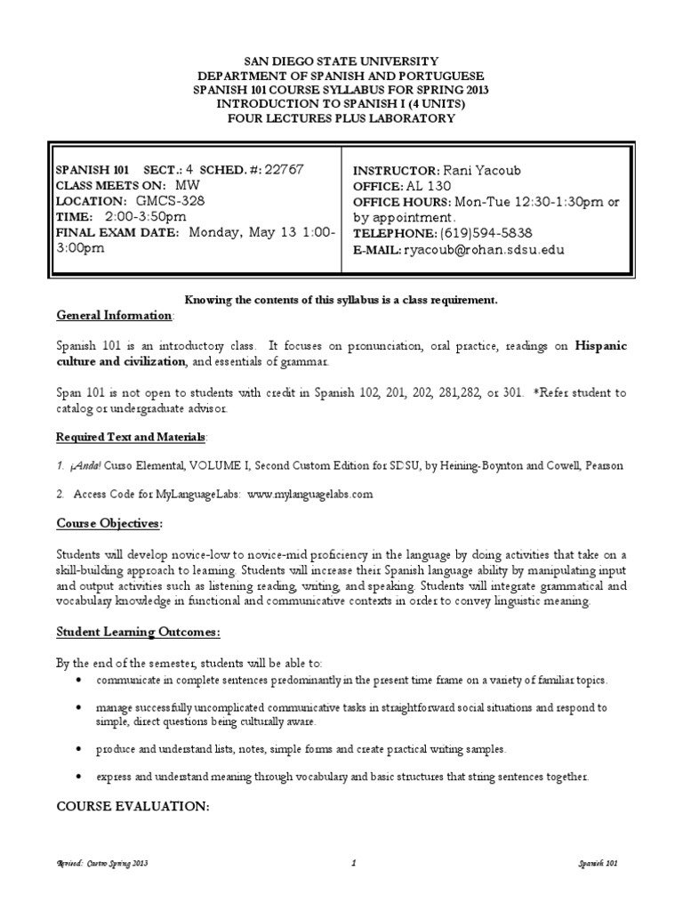 Span 101 Syllabus Pdf Homework Test Assessment