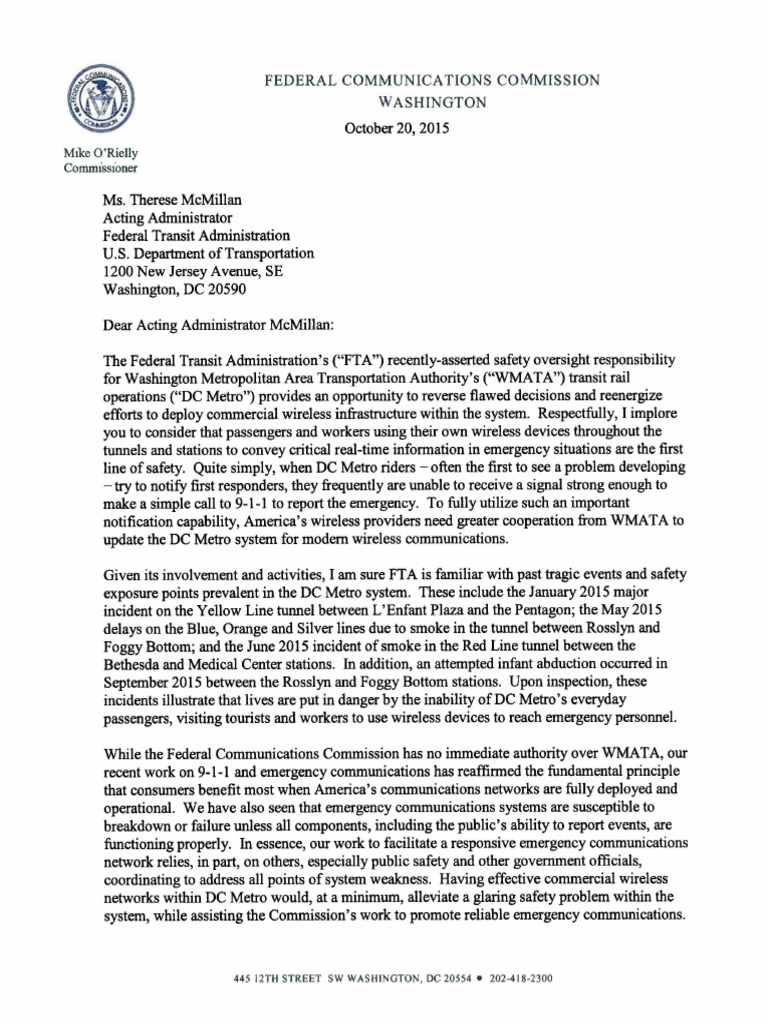 Fta Metro Letter Final | PDF | Washington Metro | Washington