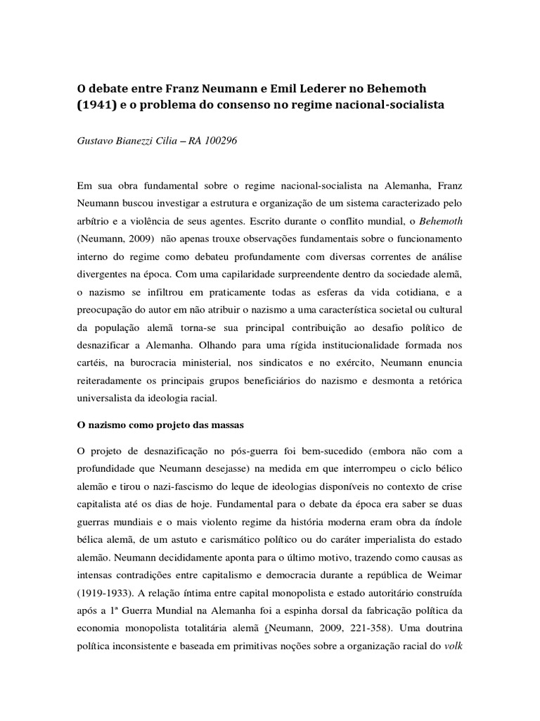 O Debate Entre Franz Neumann e Emil Lederer No "Behemoth" (1941) e o Problema Do Consenso No ...