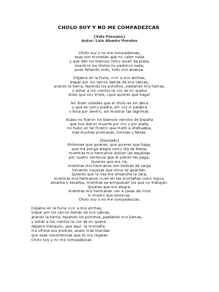 Letra de "Cholo Soy" de Luis Abanto | PDF