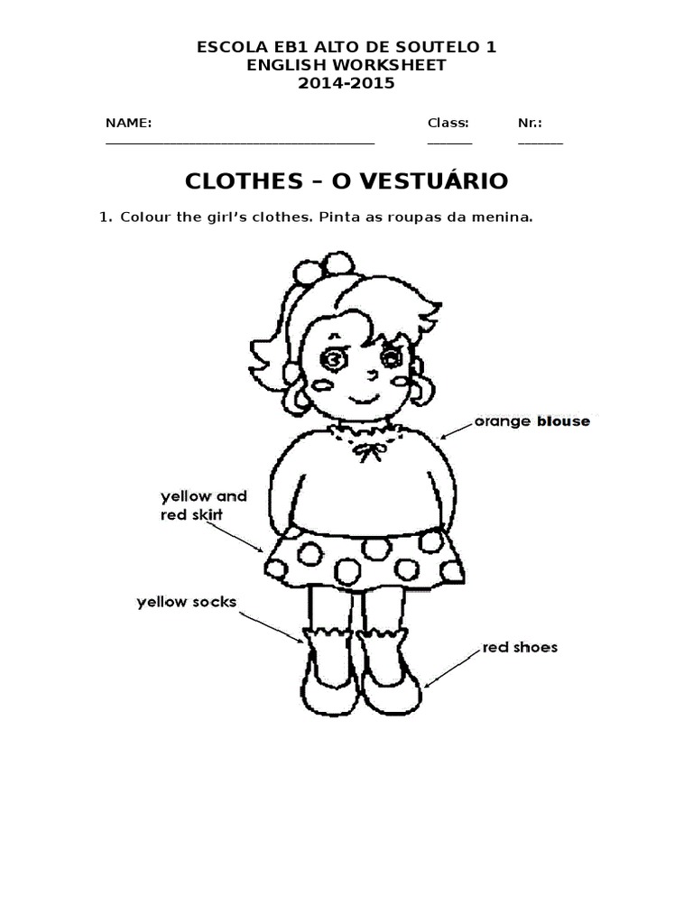 Clothes - O Vestuário: Escola Eb1 Alto de Soutelo 1 English Worksheet ...