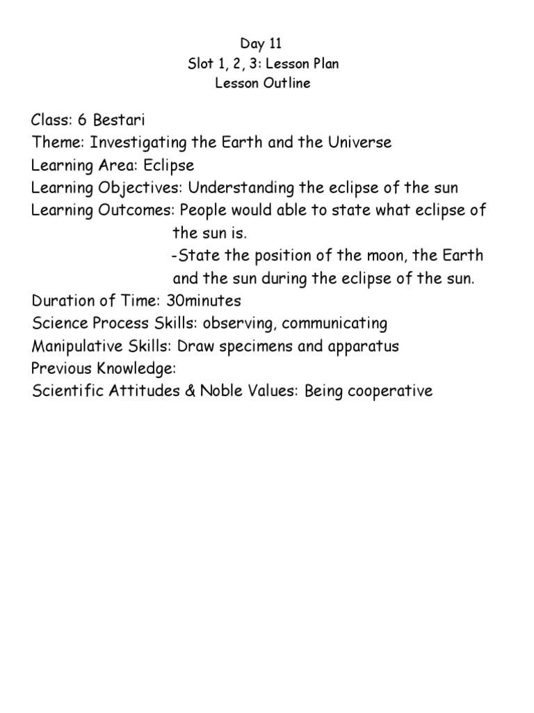Day 11-Lesson Plan | Download Free PDF | Eclipse | Lesson Plan