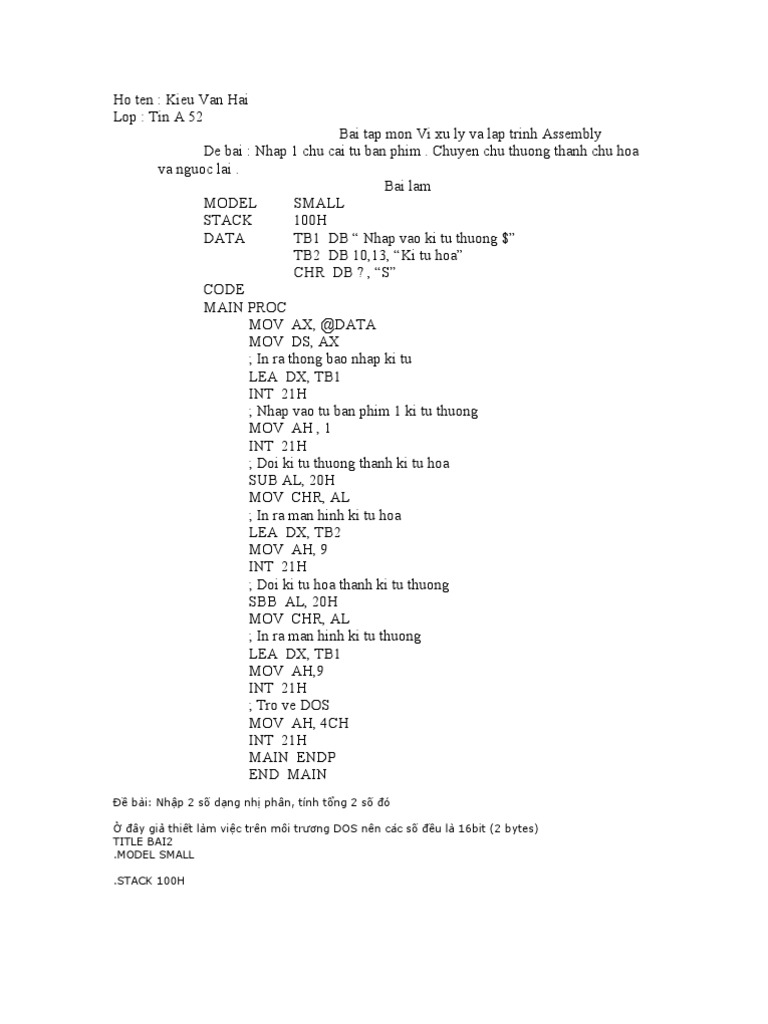 Bai Tap Vi Xu Ly Va Lap Trinh Assembly | PDF