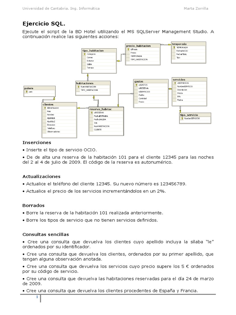 Ejercicios SQL para Base de Datos Hotel | PDF | Finanzas y dinero