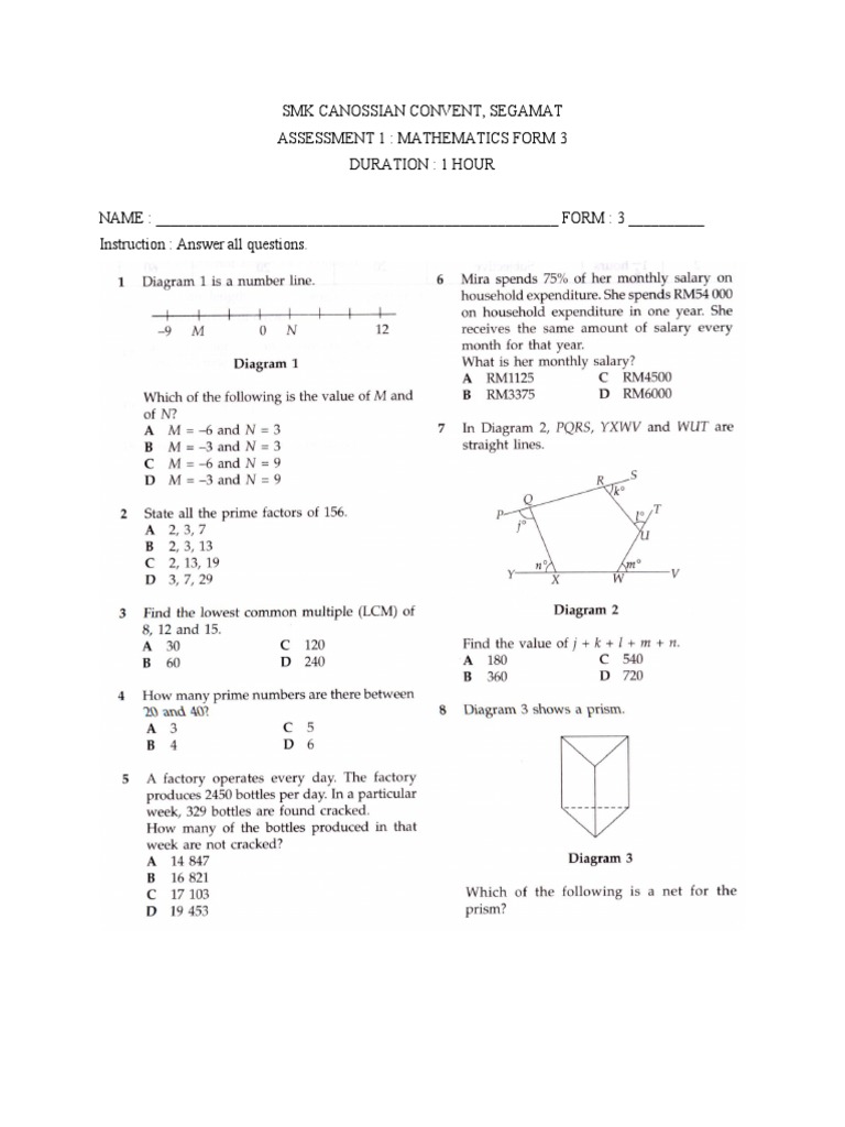 Form 3 Mathematics Assessment Segamat | PDF