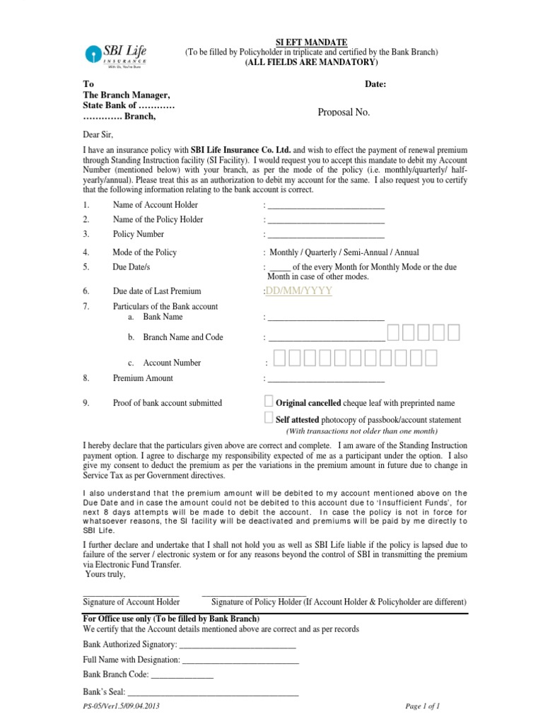 Si Eft Mandate Form | PDF | Insurance | Debit Card