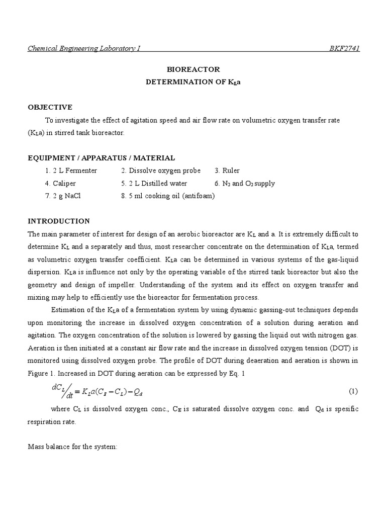 Bioreactor KLa Determination Guide | PDF | Oxygen | Chemical Engineering