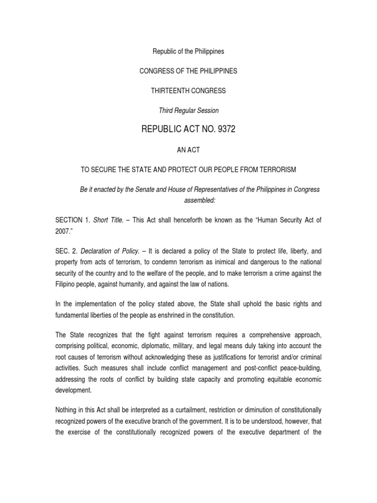REPUBLIC ACT NO. 9372 - Human Security Act of 2007 | PDF | Arrest | Detention (Imprisonment)