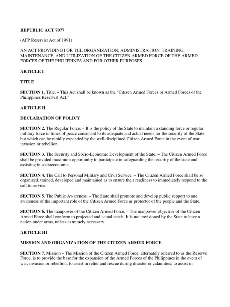 Republic Act 7077 - AFP Reservist Act Of 1991 | Officer (Armed Forces ...