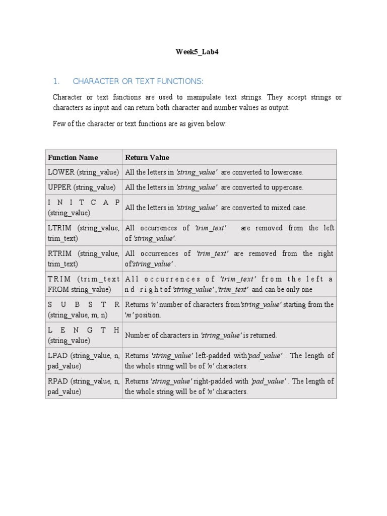 Character or Text Functions:: Week5 - Lab4 | PDF | Parameter (Computer Programming) | Data