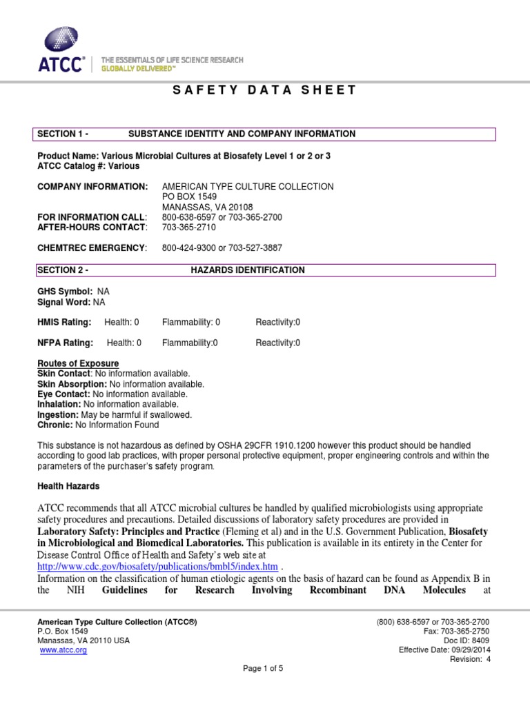 Safety Data Sheet: American Type Culture Collection (ATCC®) | PDF ...
