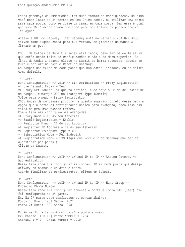 Configuração Audio Codes MP-124 | PDF | Endereço de IP | Voz sobre IP ...