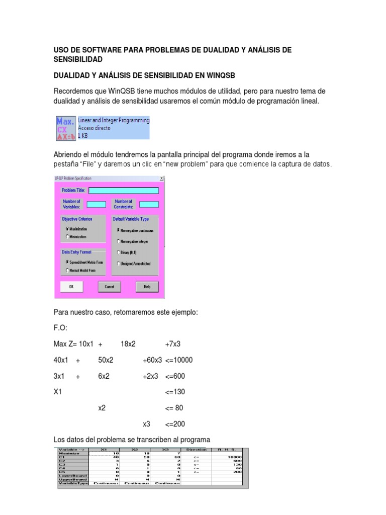 Uso de Software para Problemas de Dualidad y Analisis de Sensibilidad | PDF | Programación ...