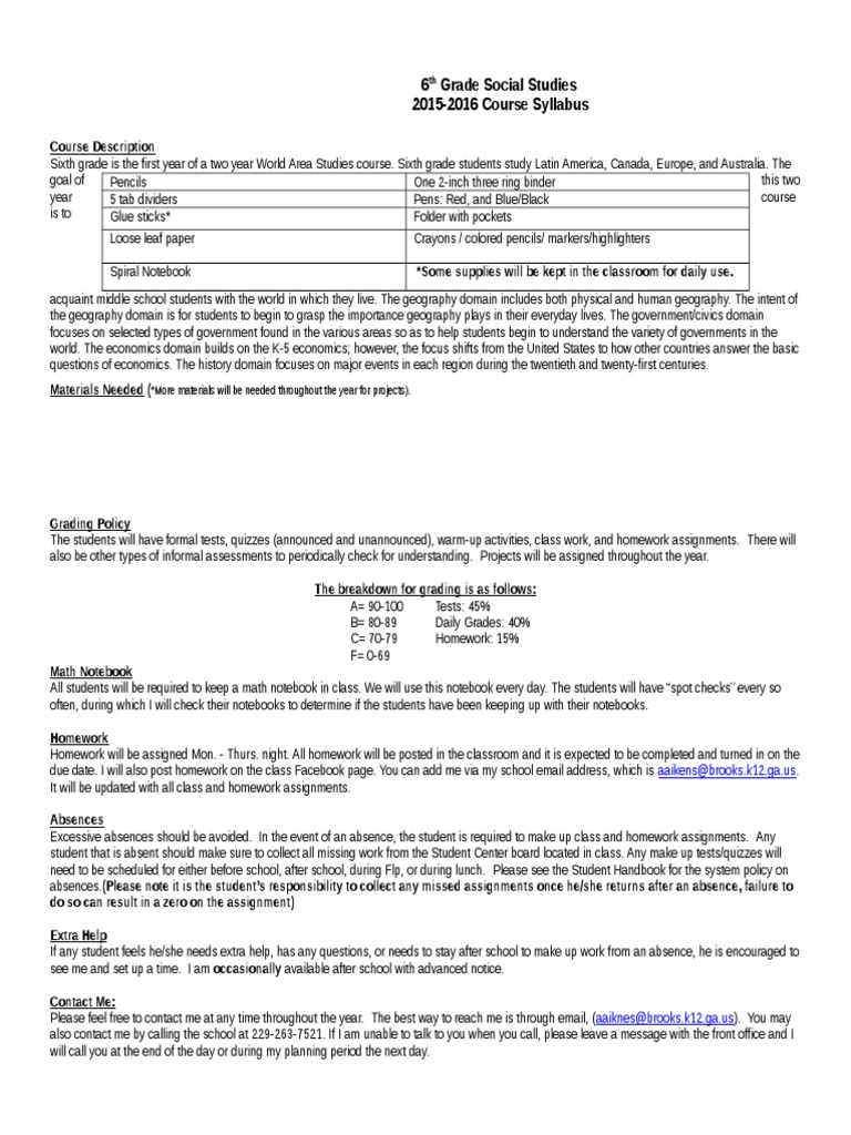 6th Grade World Studies Syllabus | PDF | Homework | Classroom