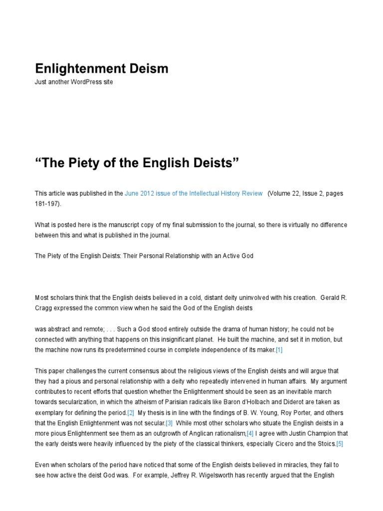 Waligore, Joseph - The Piety of The English Deists | PDF | Deism ...