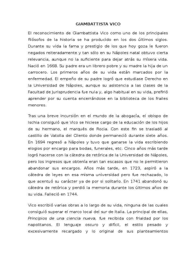 El filósofo Giambattista Vico y su obra fundamental Principios de una ciencia nueva, precursora ...