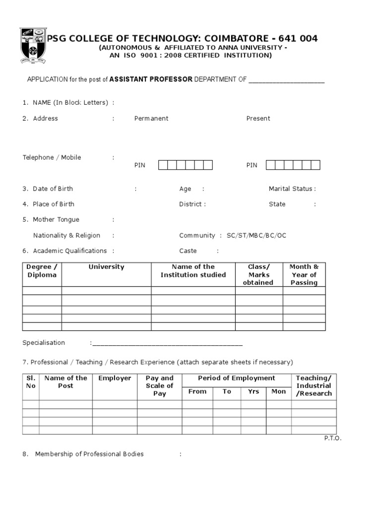 Assistant Professor Application & Details | PDF | Academic Degree ...
