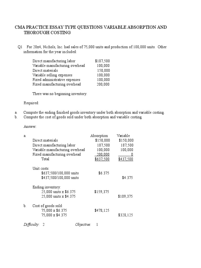 Cma Practice Essay Type Questions Variable Absorption and Thorough ...