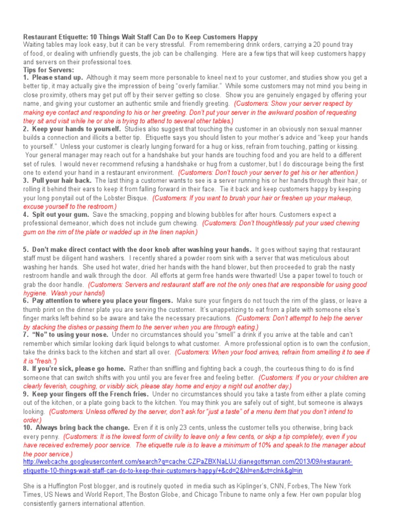 Basic Etiquette For Restaurant Staff | PDF | Gratuity | Waiting Staff