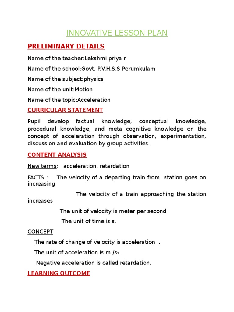 Innovative Lesson Plan | PDF | Acceleration | Velocity