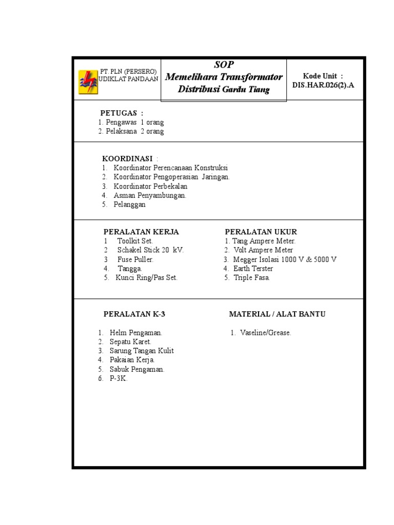 SOP Pemeliharaan Trafo | PDF | Teknologi & Rekayasa