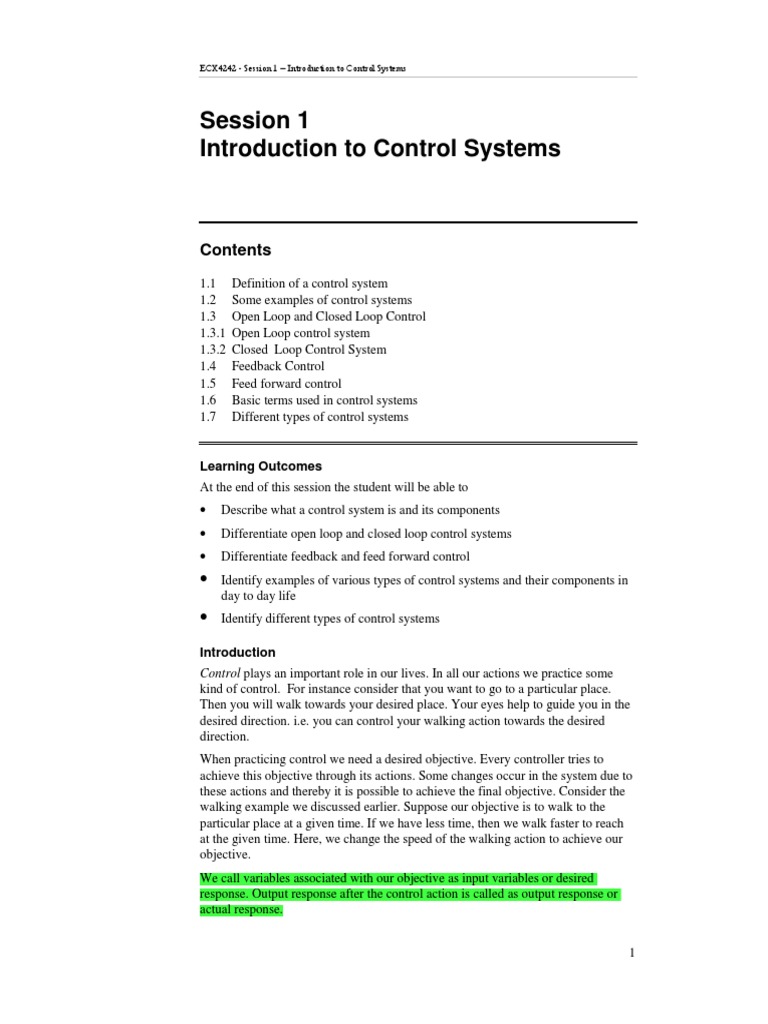 Session 1 Introduction To Control Systems: Learning Outcomes | PDF ...