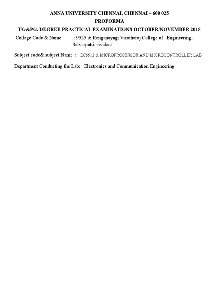 Anna University Chennai, Chennai - 600 025 Proforma Ug&Pg. Degree Practical Examinations October ...