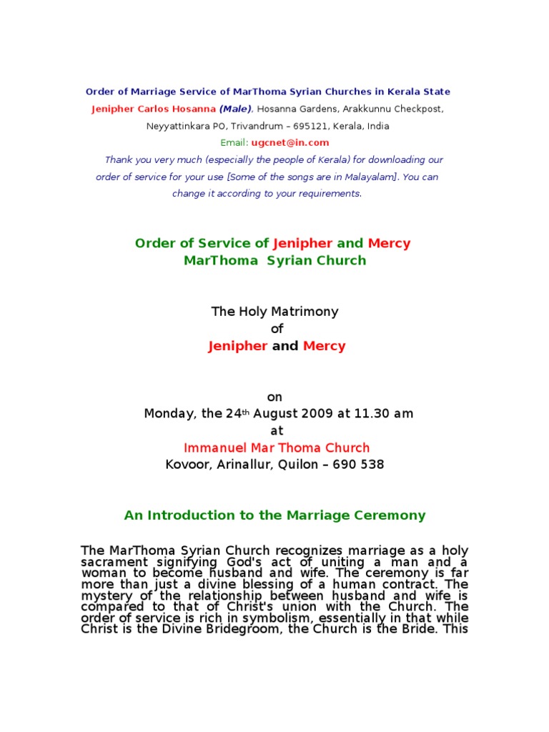 Order of Marriage Service of MarThoma Syrian Churches in Kerala State ...