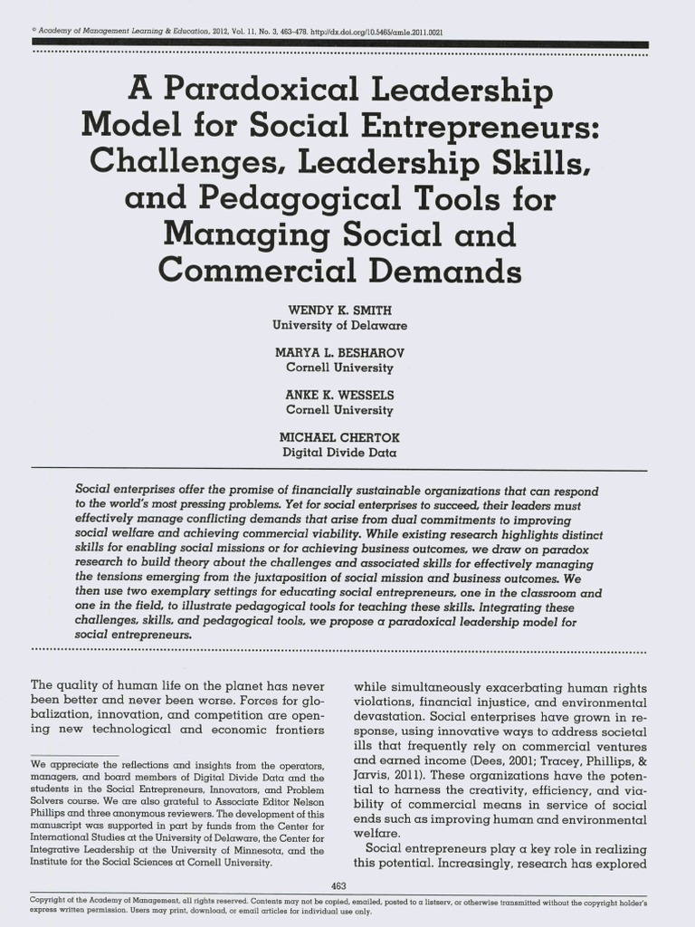 A Paradoxical Leadership Model For Social Entrepreneurs Challenges ...