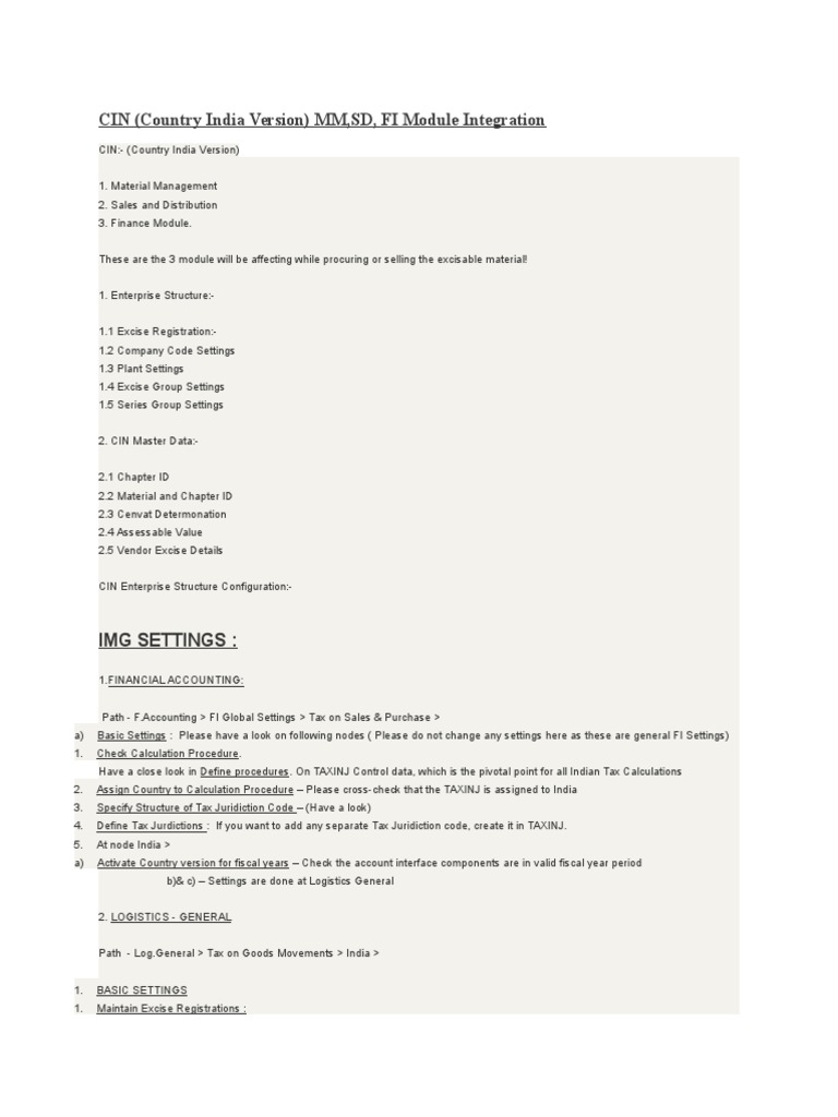 CIN (Country India Version) MM, SD, FI Module Integration: Img Settings ...