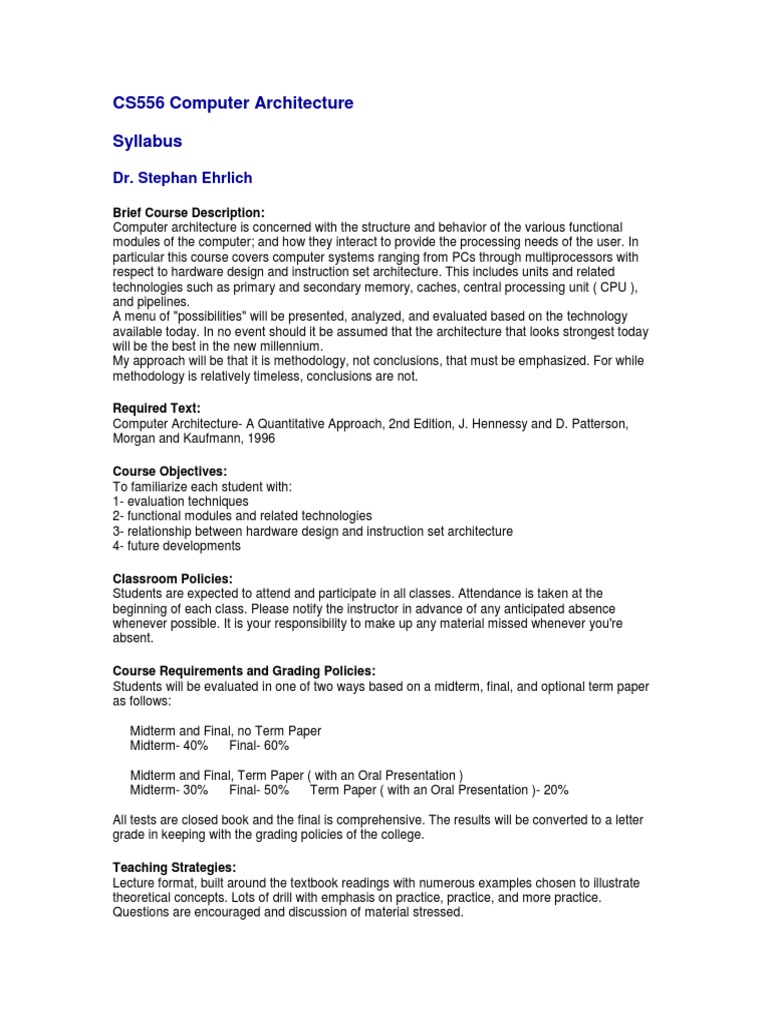 CS556 Computer Architecture Syllabus: Dr. Stephan Ehrlich | Download Free PDF | Cpu Cache ...