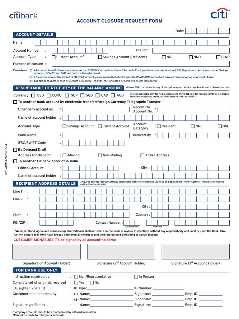 Citibank Account Closure Request Form | PDF | Deposit Account | Current ...