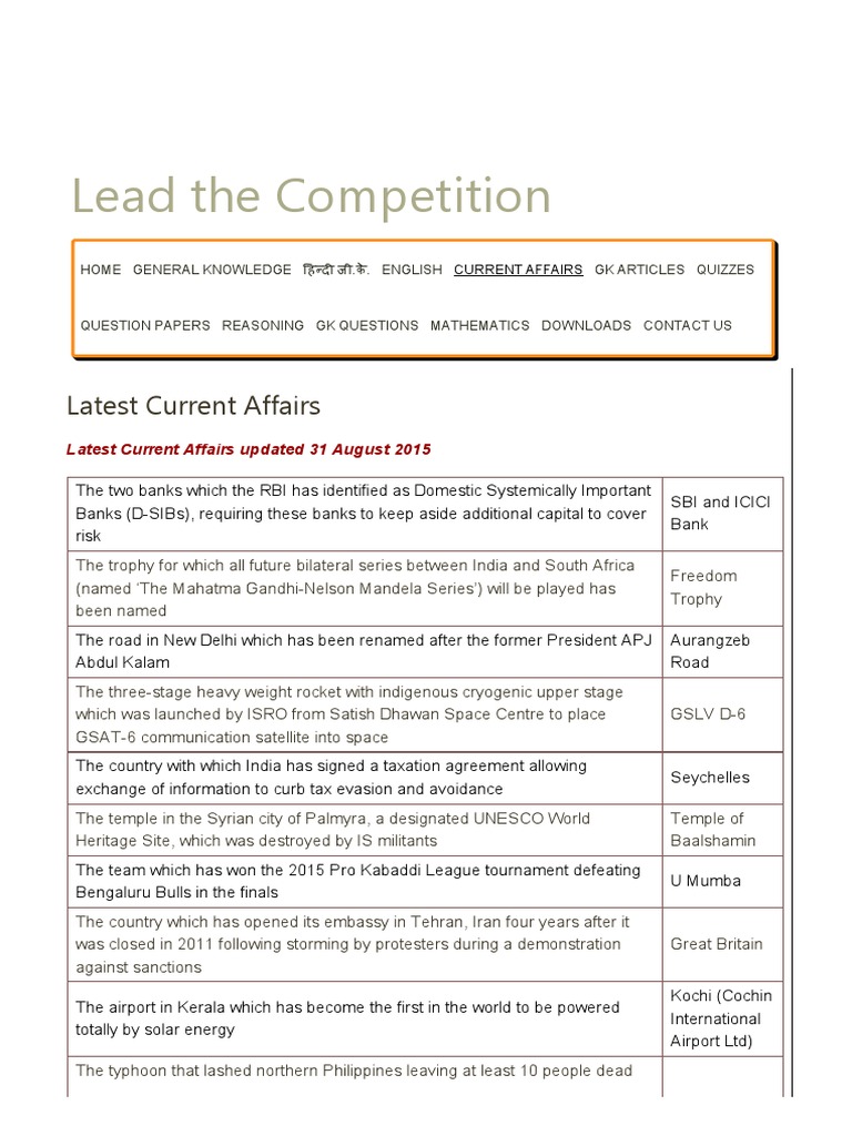Lead The Competition: Latest Current Affairs | PDF | Sports | Business