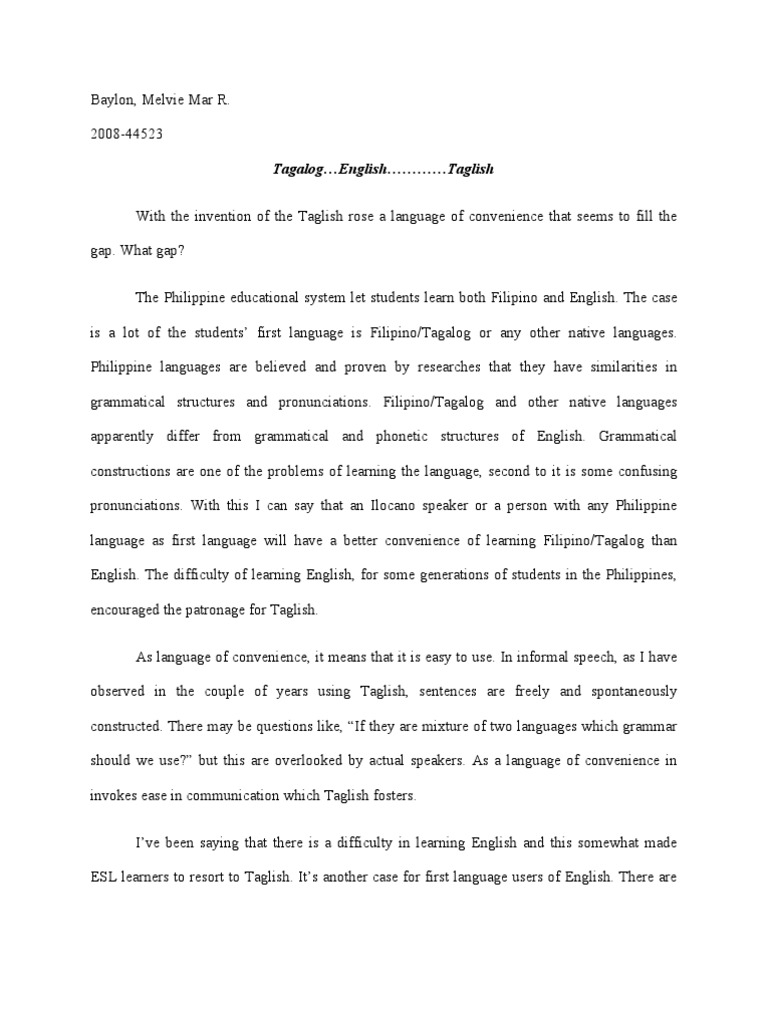 Tagalog English Taglish | PDF | First Language | Tagalog Language