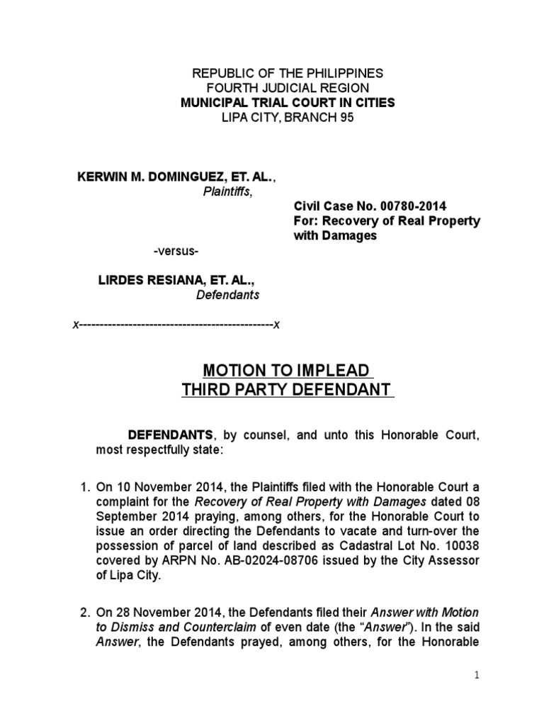 Motion to Implead | Civil Law (Common Law) | Lawsuit