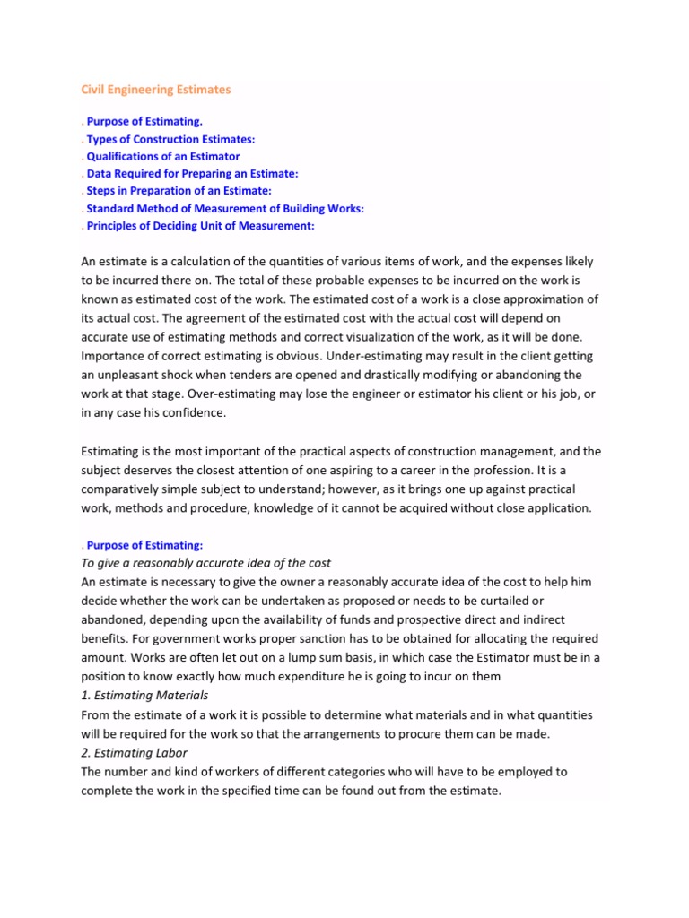 Civil Engineering Estimates | PDF | Measurement | Cost