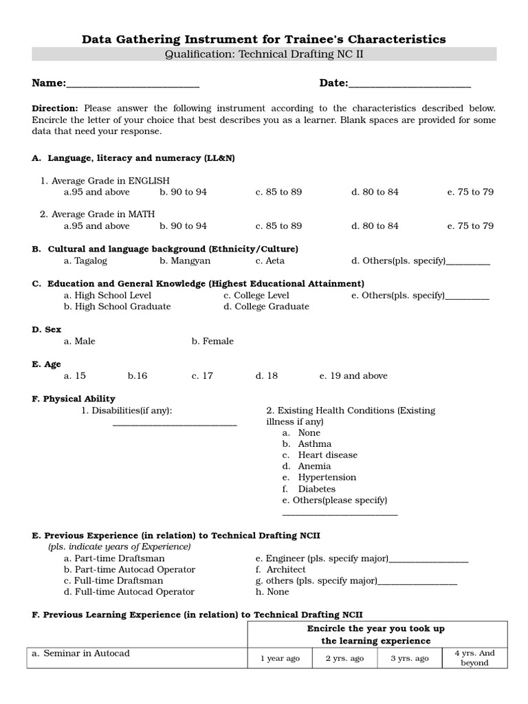 Data Gathering Instrument For Trainee | PDF | Classroom | Cognition