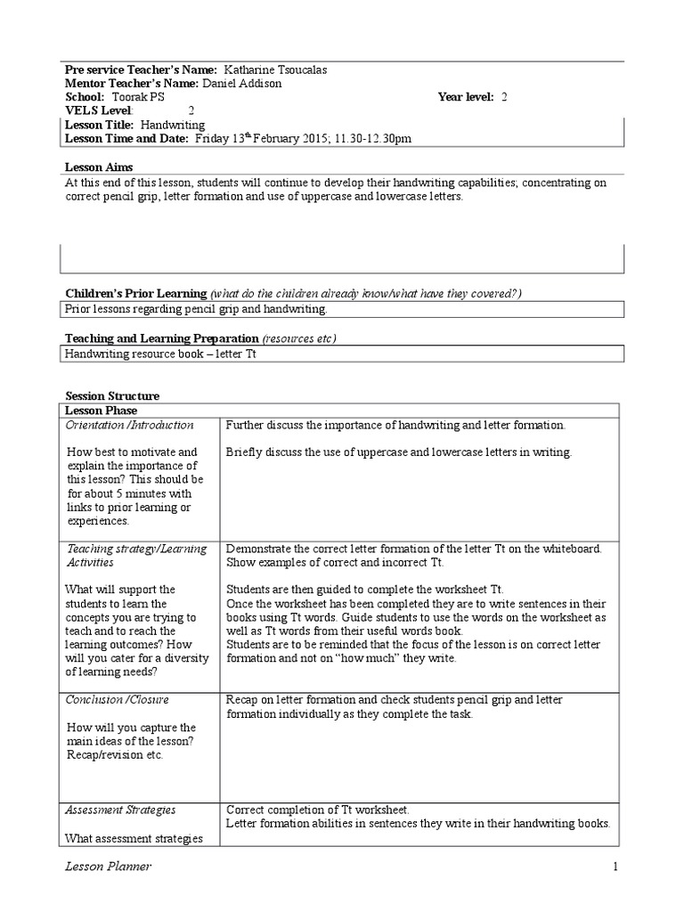 13 2 15 Handwriting - Lesson Plan | PDF | Educational Assessment ...