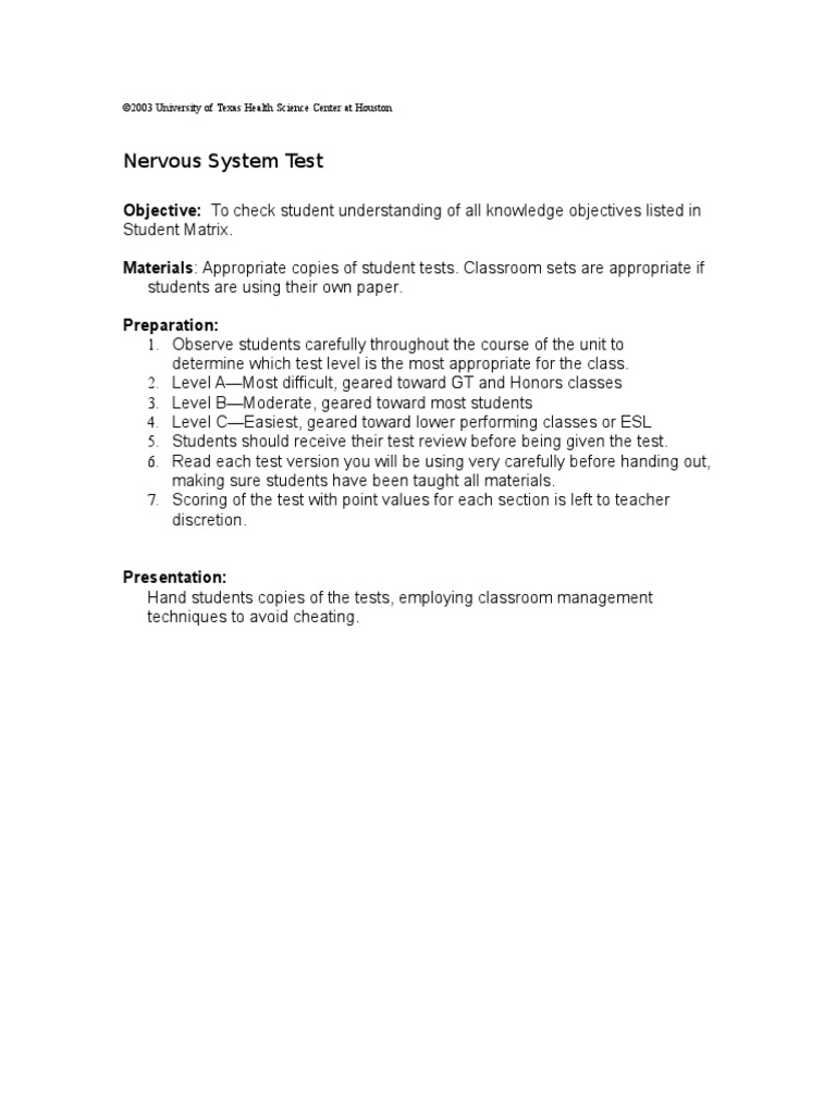 Nervous System Exams and Answers | PDF | Central Nervous System ...