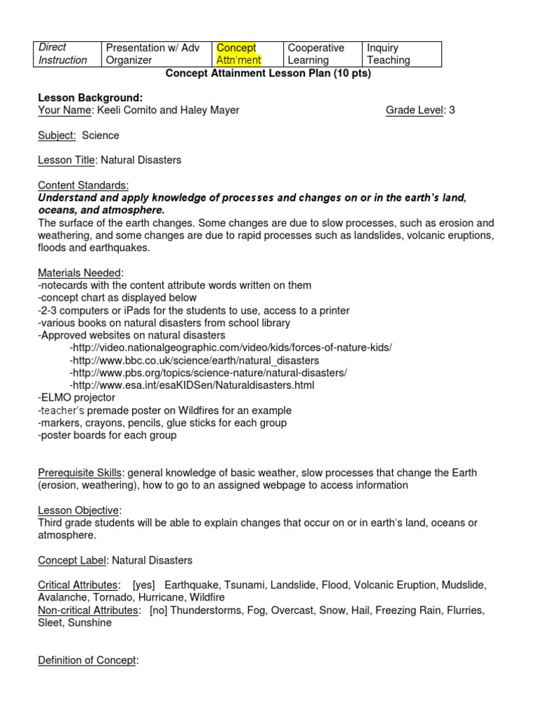 Concept Attainment Lesson Plan PDF Standard 8 | PDF | Natural Disasters ...