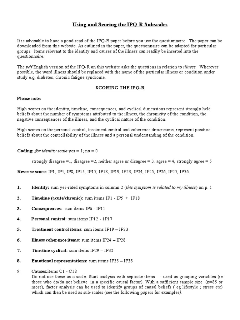 Scoring The IPQ-R | PDF | Diseases And Disorders | Cognition