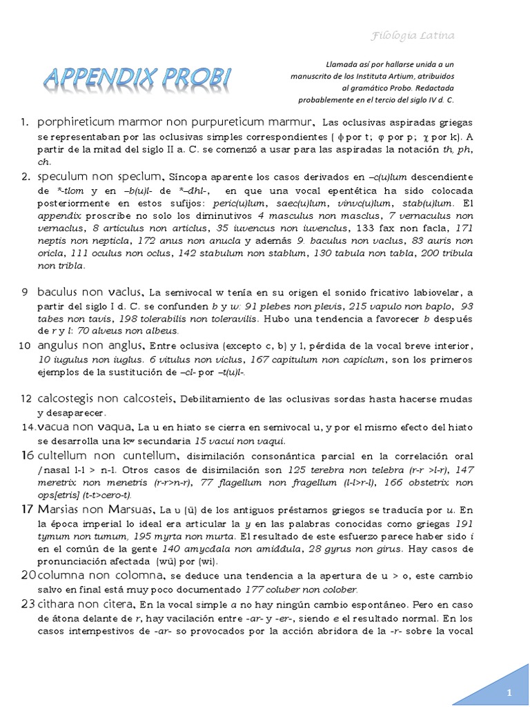 Ficha de Appendix Probi | PDF | Fonología | Lingüística