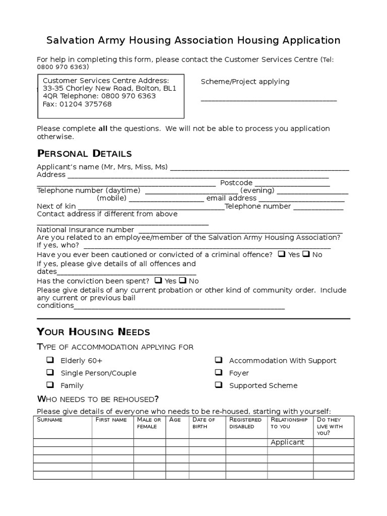Salvation Army Housing Application Form | PDF | Race And Ethnicity In ...