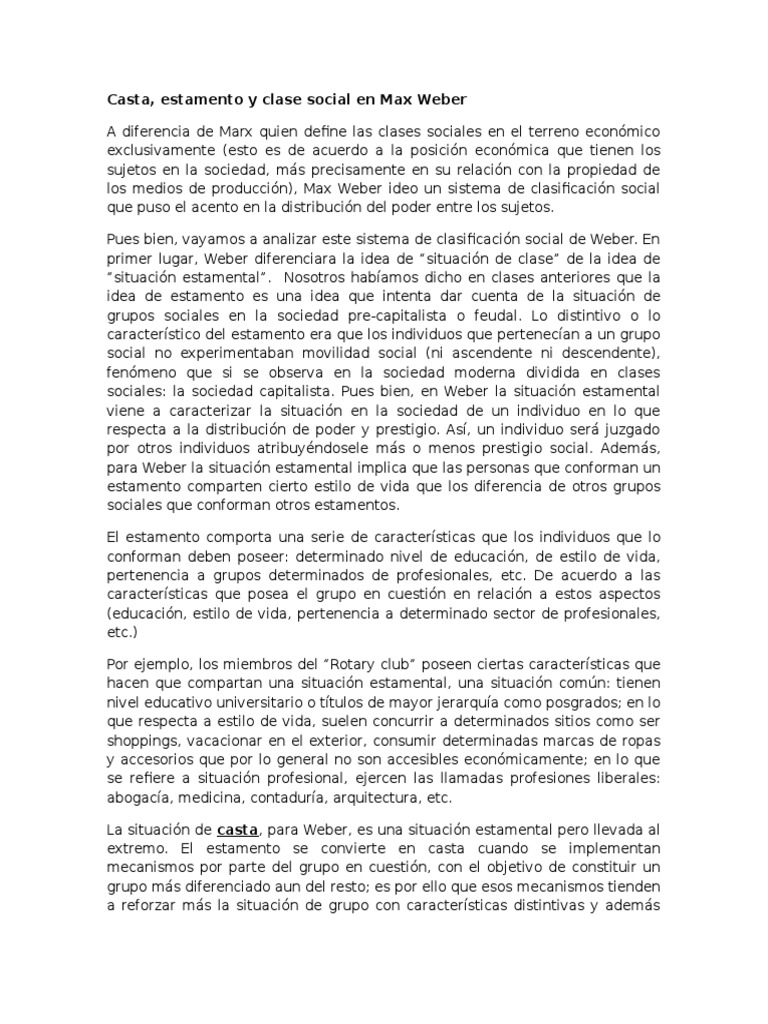 Casta, Estamento y Clase Social en Max Weber | PDF | Max Weber | Sociedad