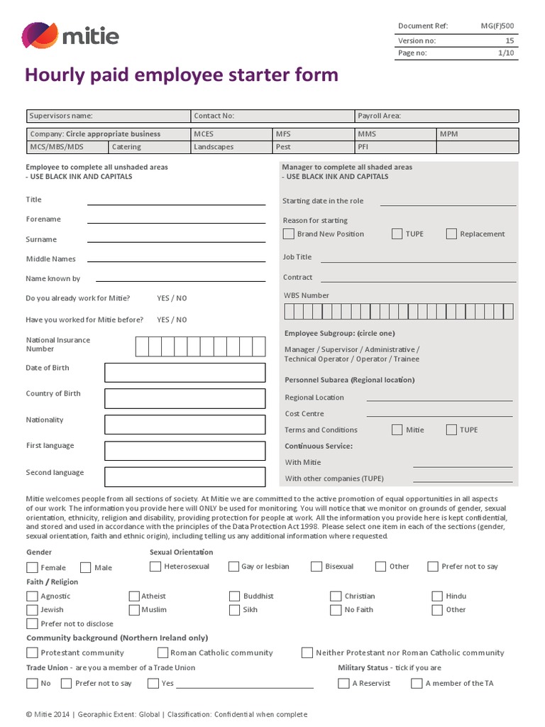 Hourly Paid Employee Starter Form - MG (F) 500 | PDF | Government | Labour