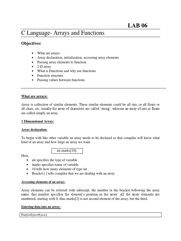 C Language Arrays And Functions Objectives Pdf Matrix Mathematics Parameter Computer