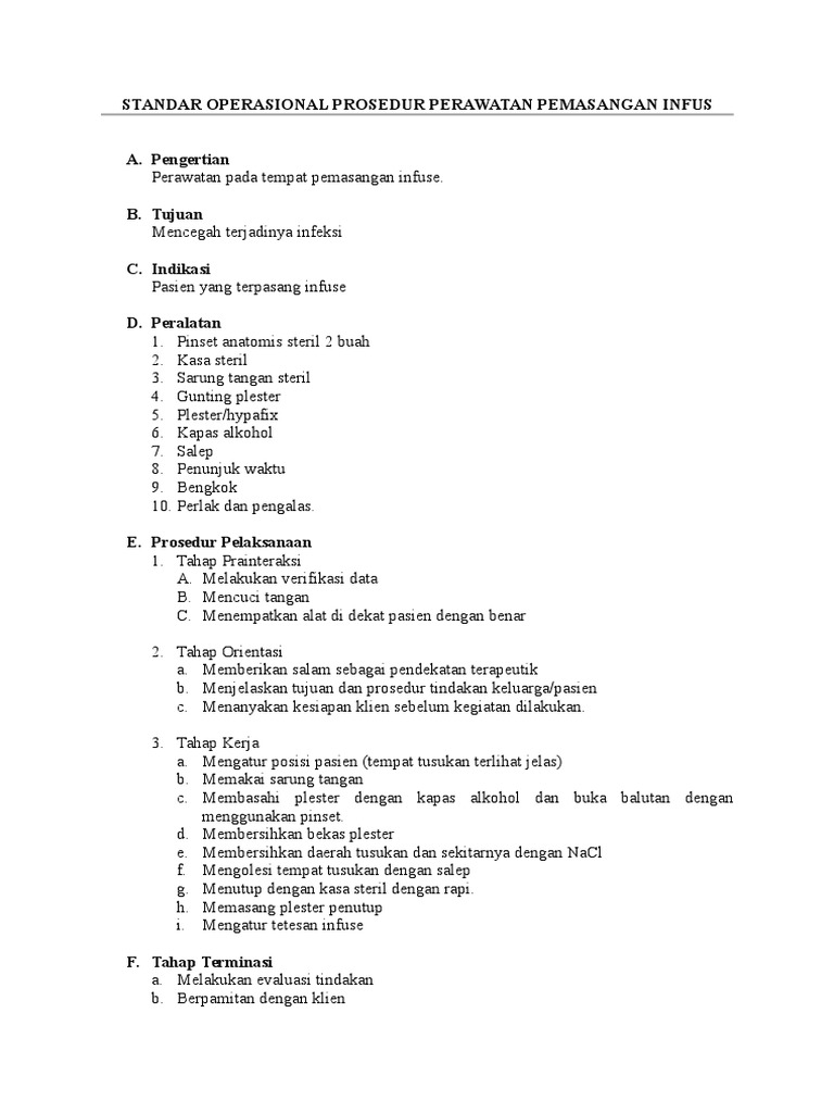 Standar Operasional Prosedur Perawatan Pemasangan Infus | PDF