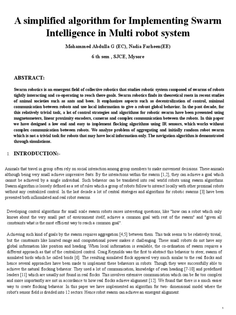 A Simplified Algorithm For Implementing Swarm Intelligence In Multi Robot System Pdf Robot