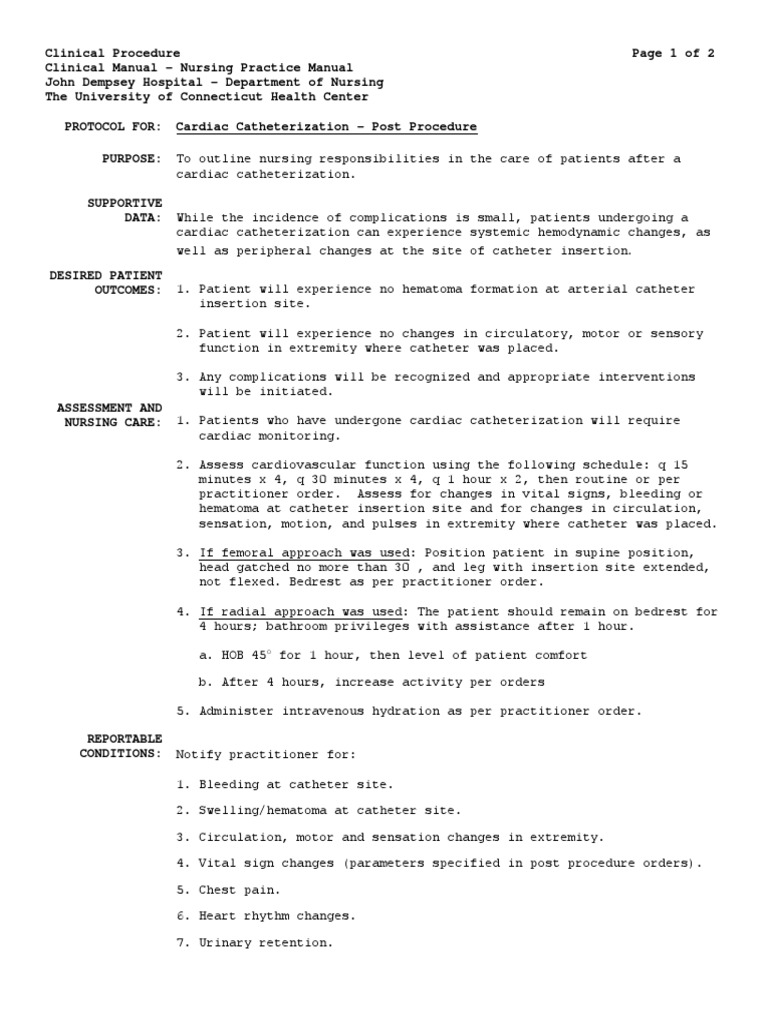 Cardiac Catheterization - Post Procedure | PDF | Catheter | Patient