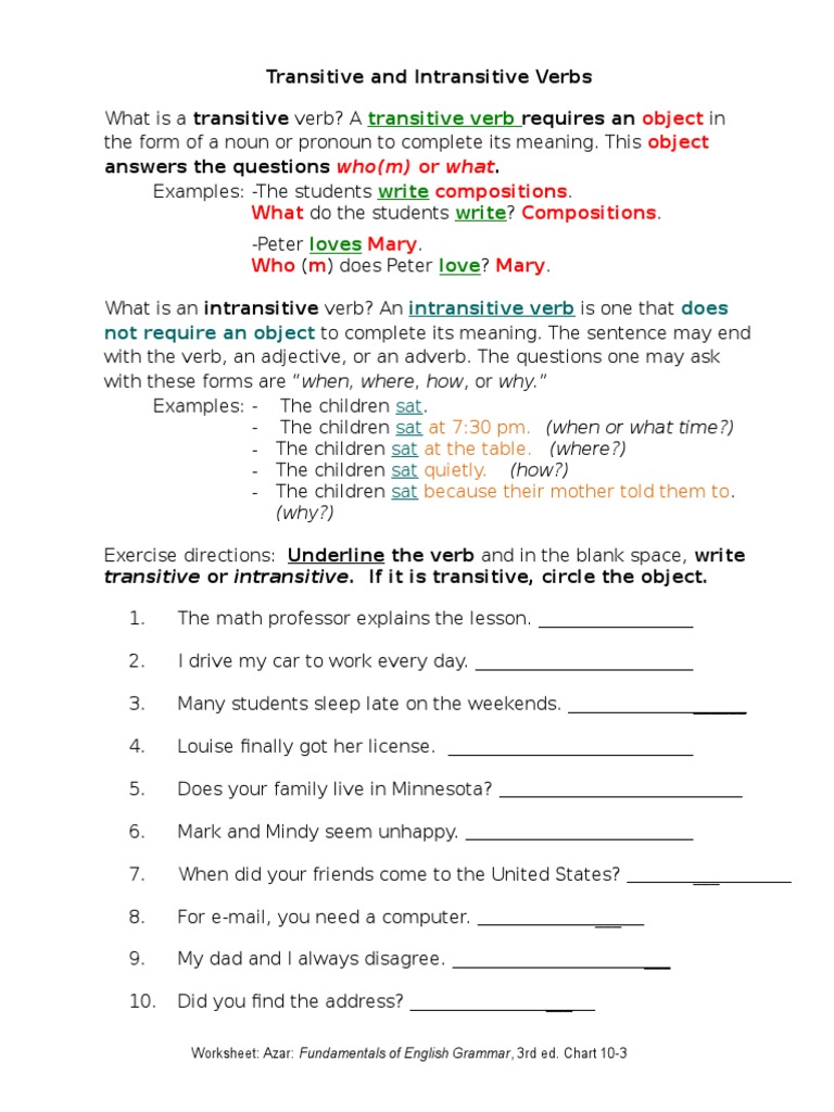 Transitive And Intransitive Verbs Worksheets Pdf Grammar Practice